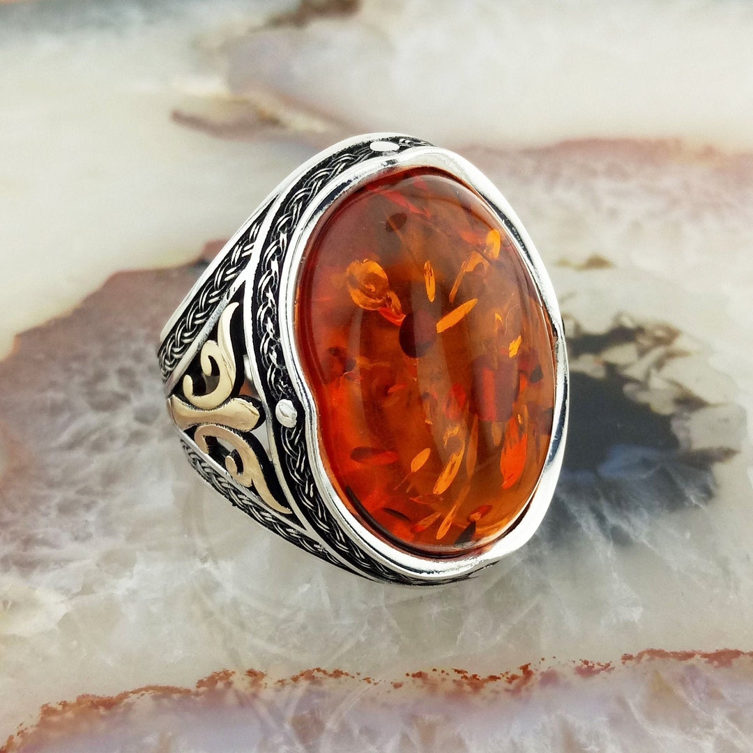 925 Sterling Silver Amber Men Ring,silver Amber Ring, Silver Amber Men ...