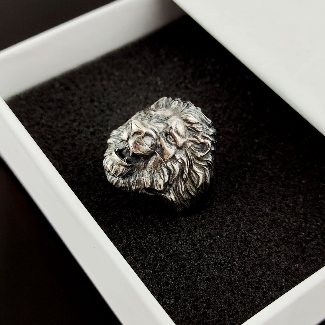 Lion Ring Silver Oxide Lion Head Ring Mens Lion Ring Silver | Etsy