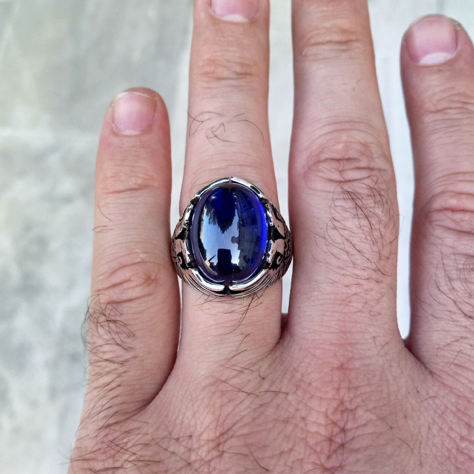 925 Sterling Silver Double Headed Eagle Engraved Blue Zircon | Etsy