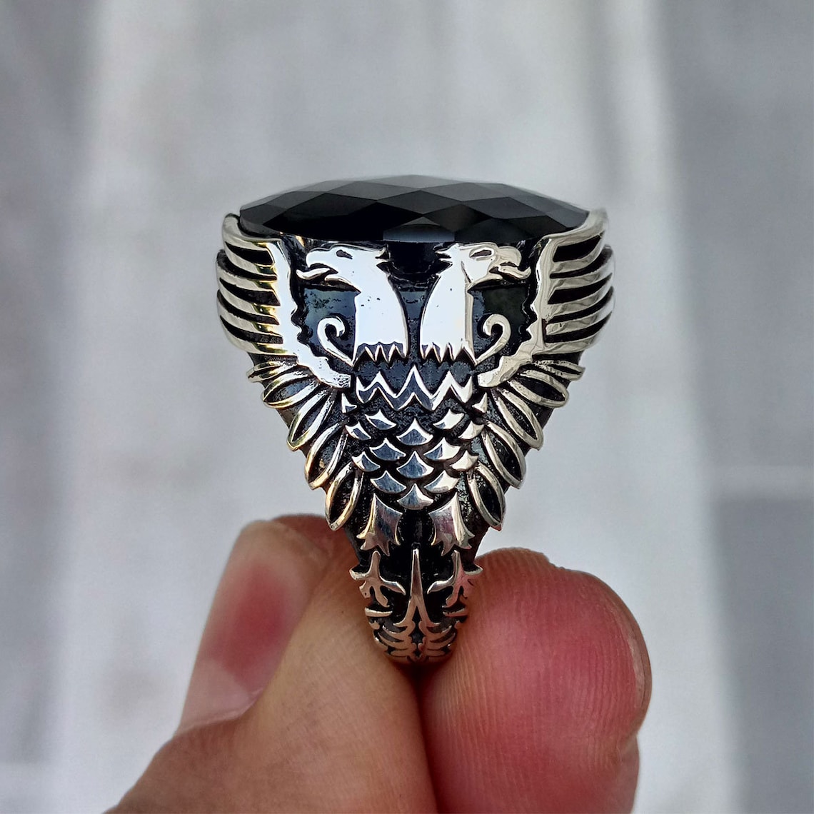 925 Sterling Silver Double Headed Eagle Engraved Black Zircon | Etsy