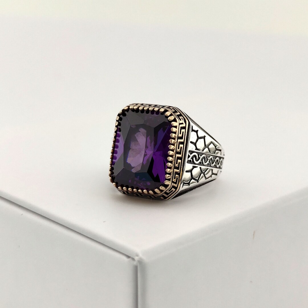 Amethyst Stone Men's Ring, Rectangle Gemstone Ring, Wall Pattern ...