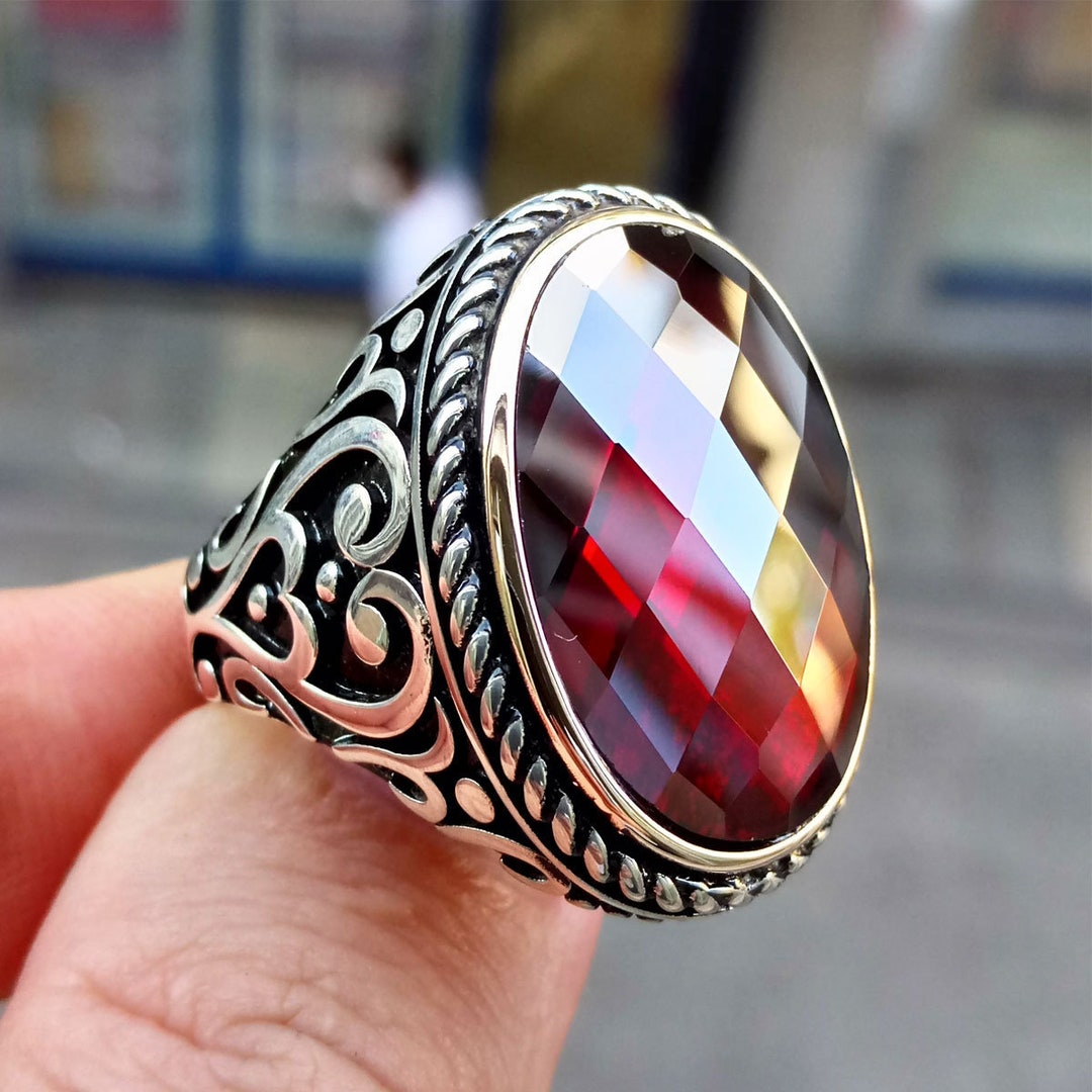 925 Sterling Silver Red Ruby Gemstone Men's Ring, Men's Ring, Stylish ...