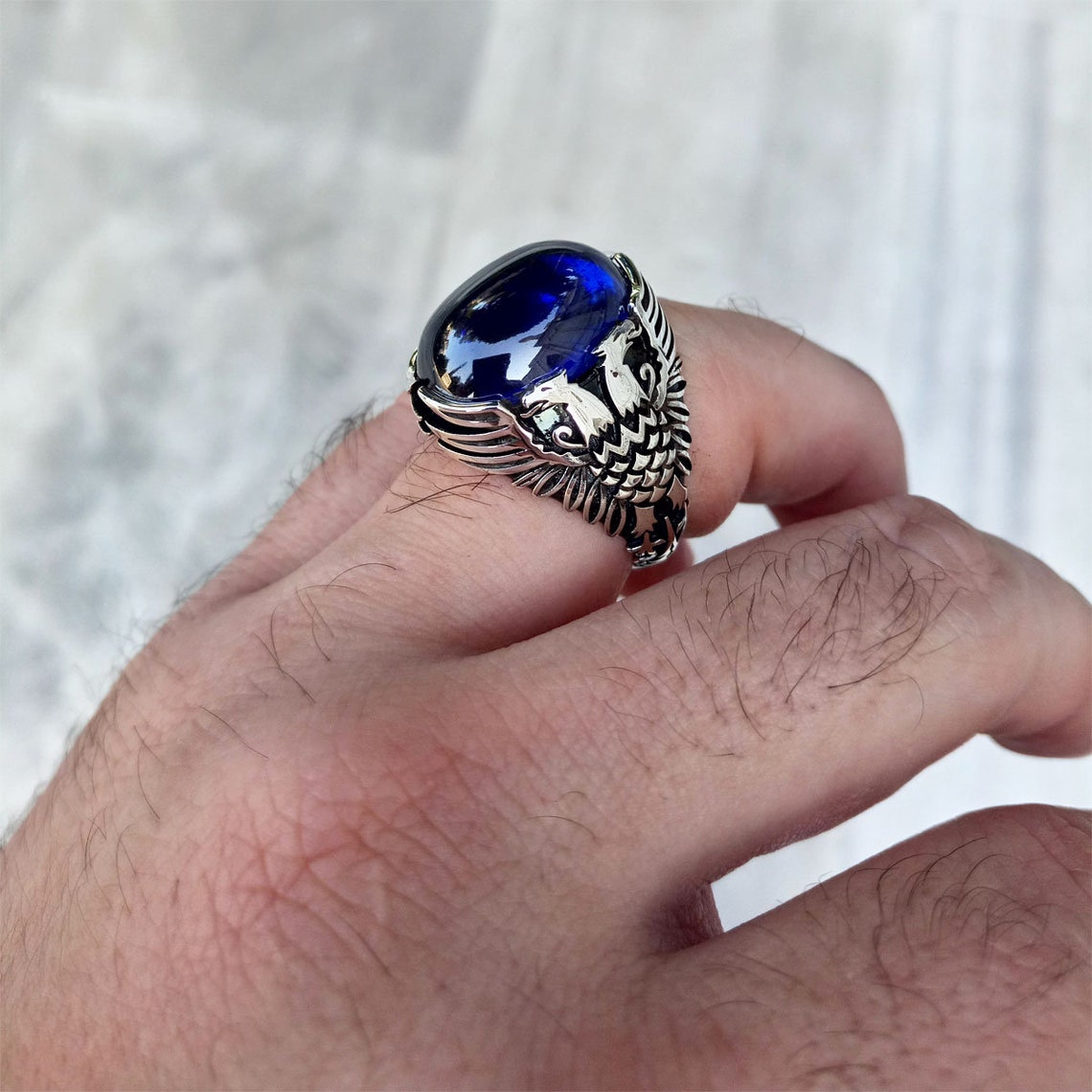 925 Sterling Silver Double Headed Eagle Engraved Blue Zircon | Etsy