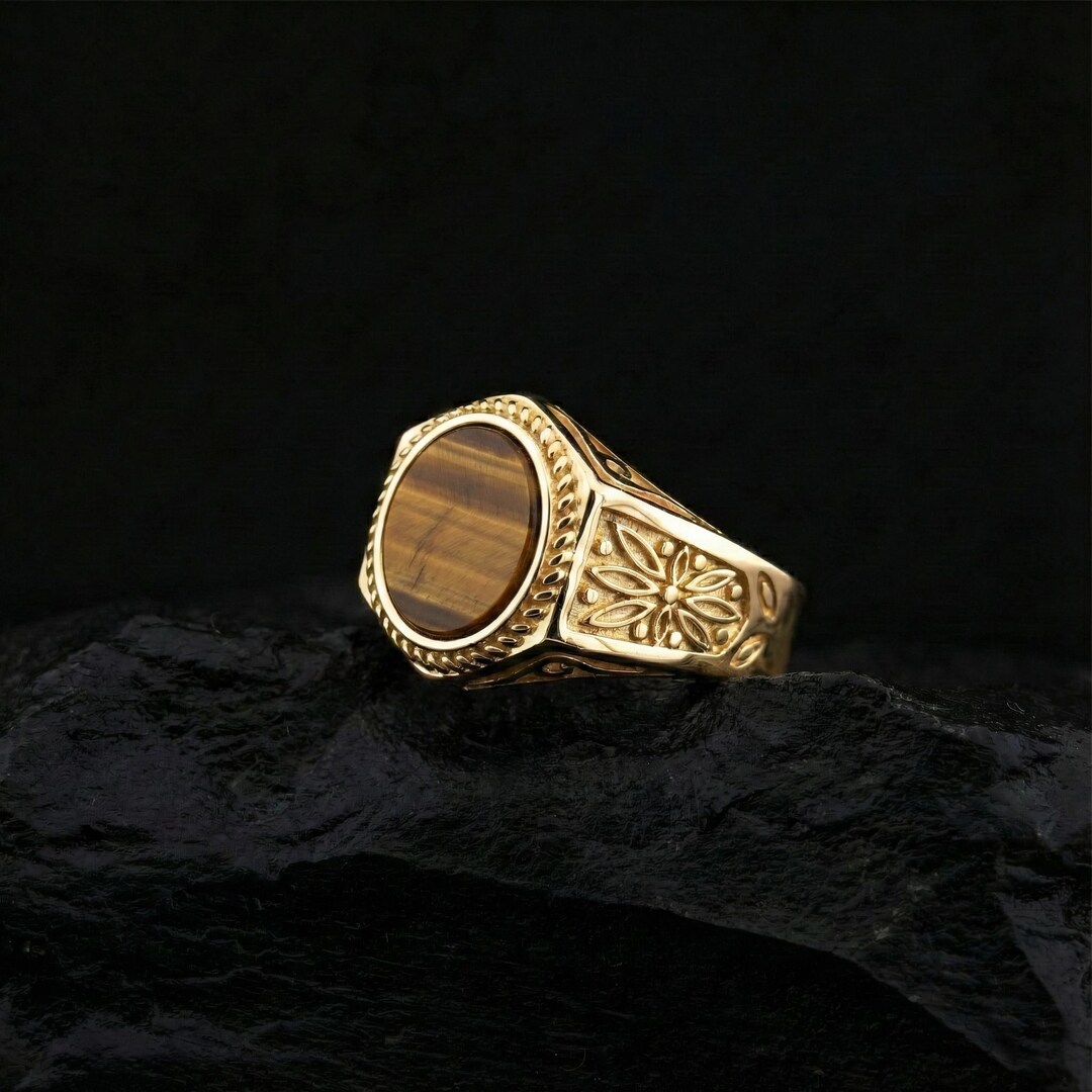 14k Gold Tiger Eye Signet Ring With Engraved Floral Detail - Etsy