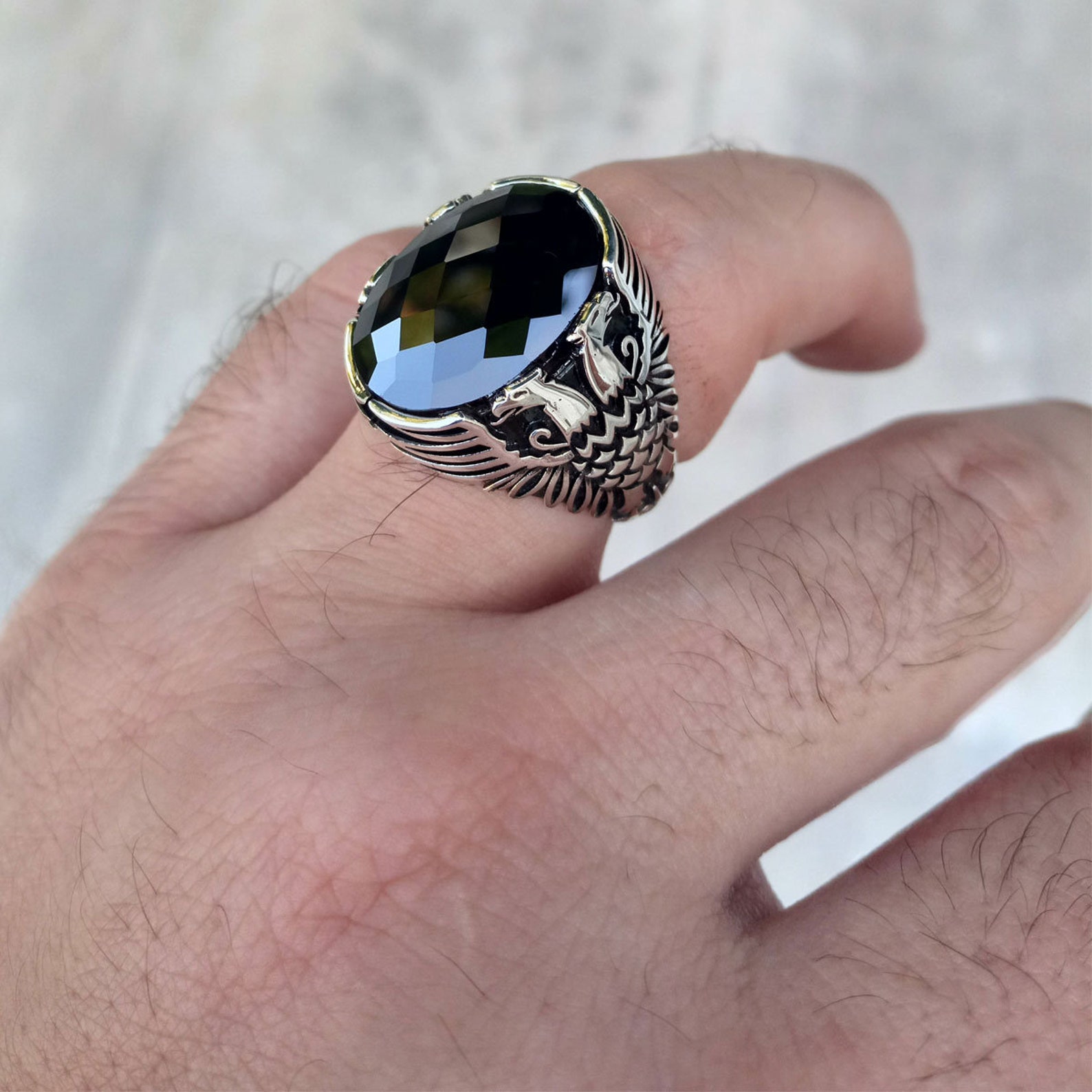 925 Sterling Silver Double Headed Eagle Engraved Black Zircon | Etsy