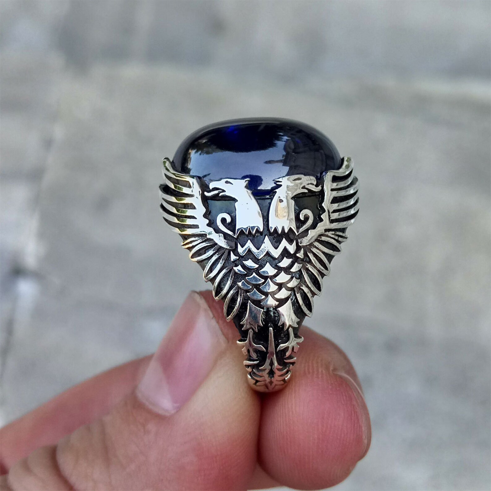 925 Sterling Silver Double Headed Eagle Engraved Blue Zircon | Etsy