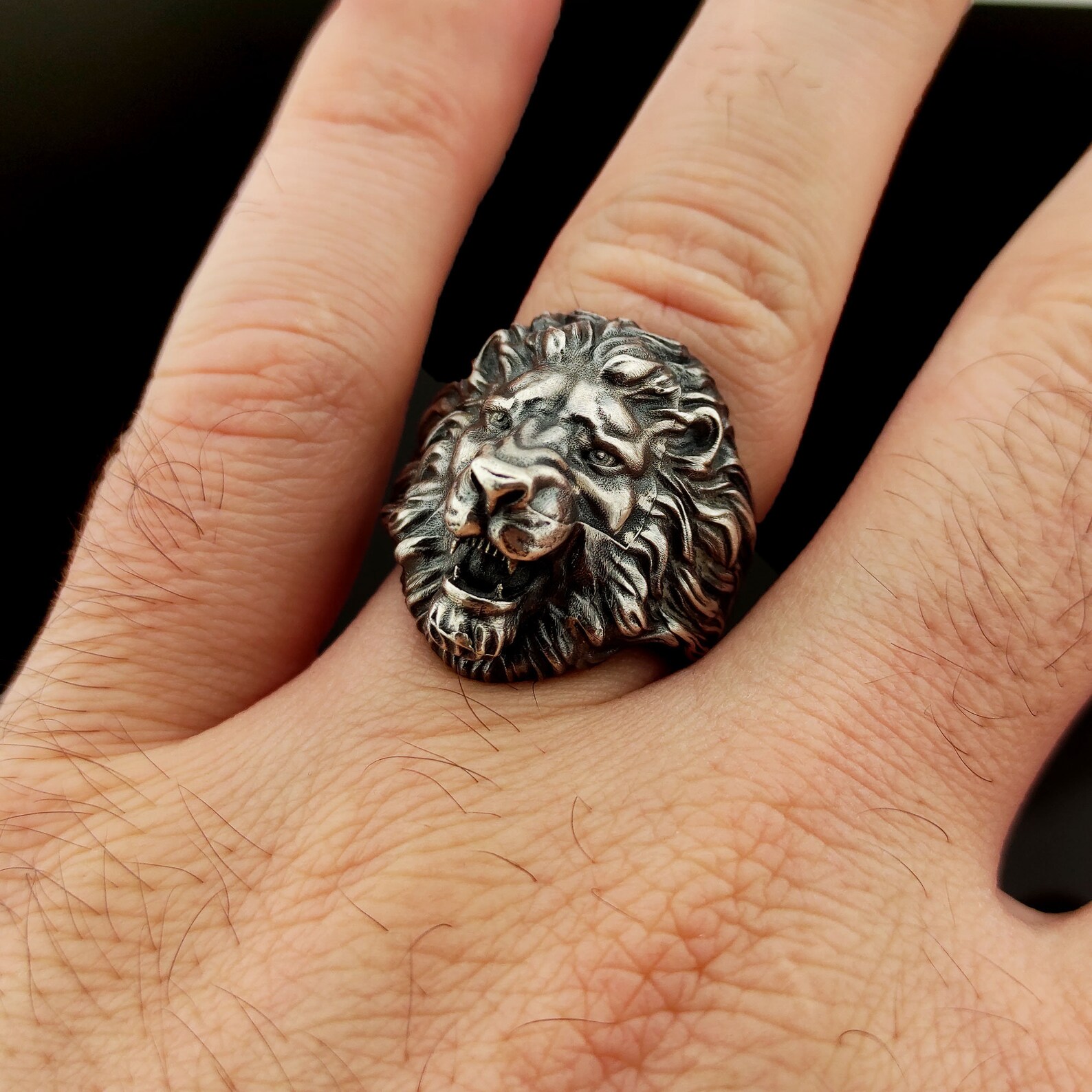 Lion Ring Silver Oxide Lion Head Ring Mens Lion Ring Silver | Etsy