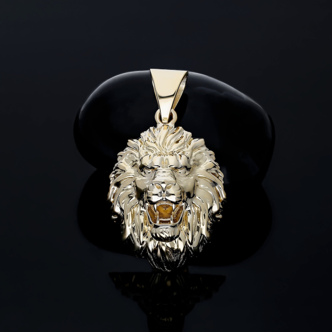 14K Solid Gold Lion Head Necklace, 14K Gold Roaring Wild Lion Head ...