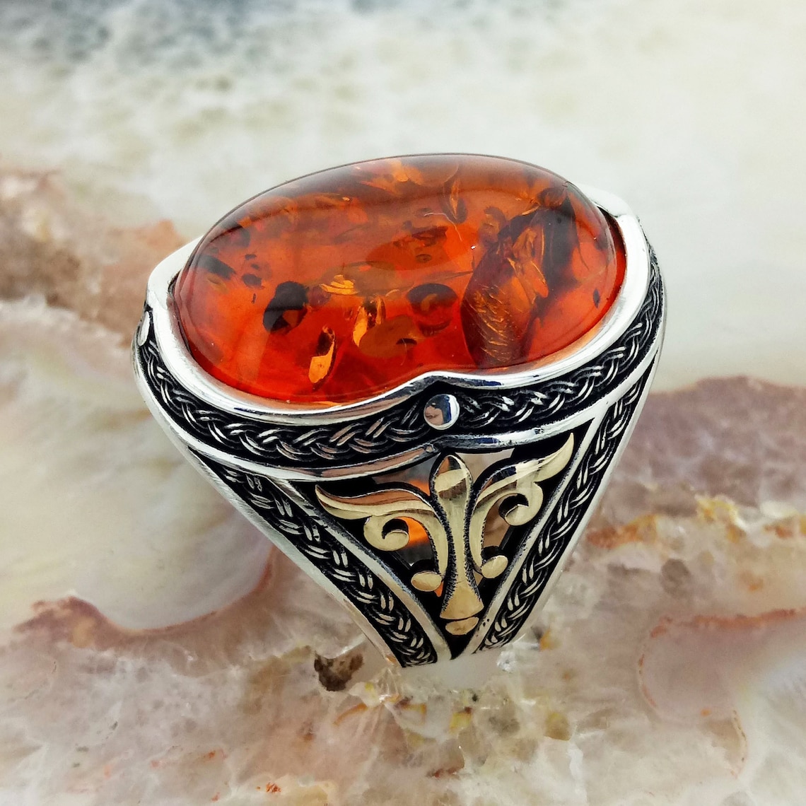 925 Sterling Silver Amber Men RingSilver Amber Ring Silver | Etsy