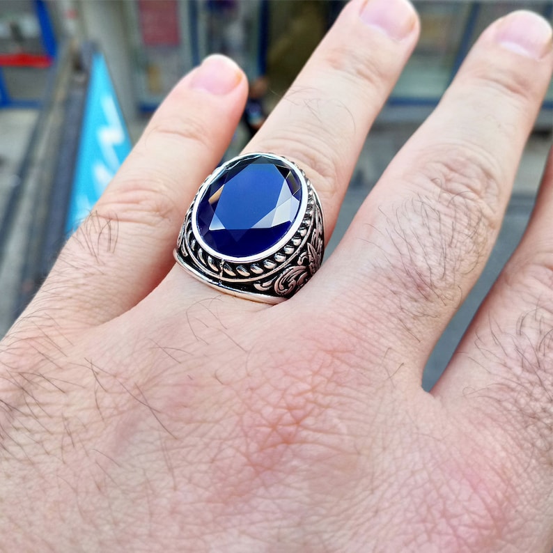 925 Sterling Silver Blue Sapphire Stone Men's Ring Men | Etsy 925 Sterling Silver Blue Sapphire Stone Men's Ring Men | Etsy