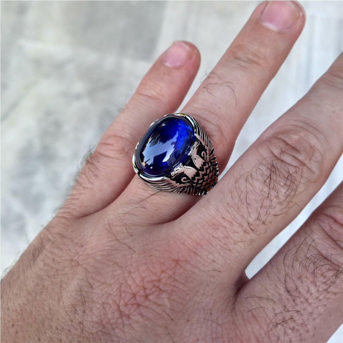 925 Sterling Silver Double Headed Eagle Engraved Blue Zircon | Etsy