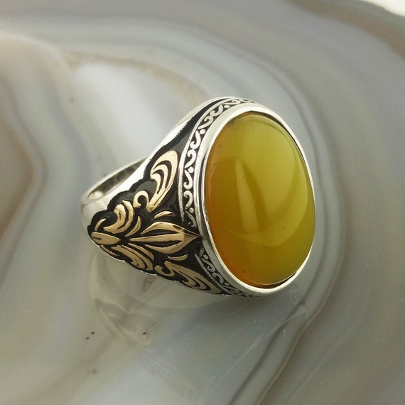 Anneau jaune dhomme dargent de coupe ovale de pierre anneau | Etsy