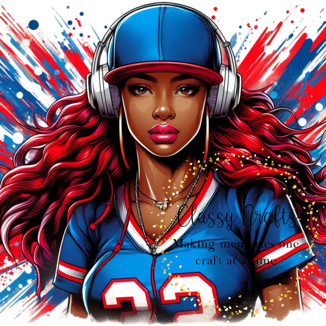Buffalo Bills Themed Woman in Headphones, Ravens Themed Football Design ...