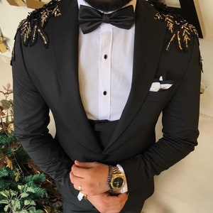 Stone Embroidered Black Tuxedo, Brooch Wedding Mens Suit, 3 Piece ...