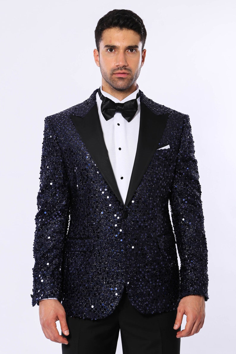 Sequin Men Suit, Two Piece Black Sequin Tuxedo, Pointed Collar, Double ...