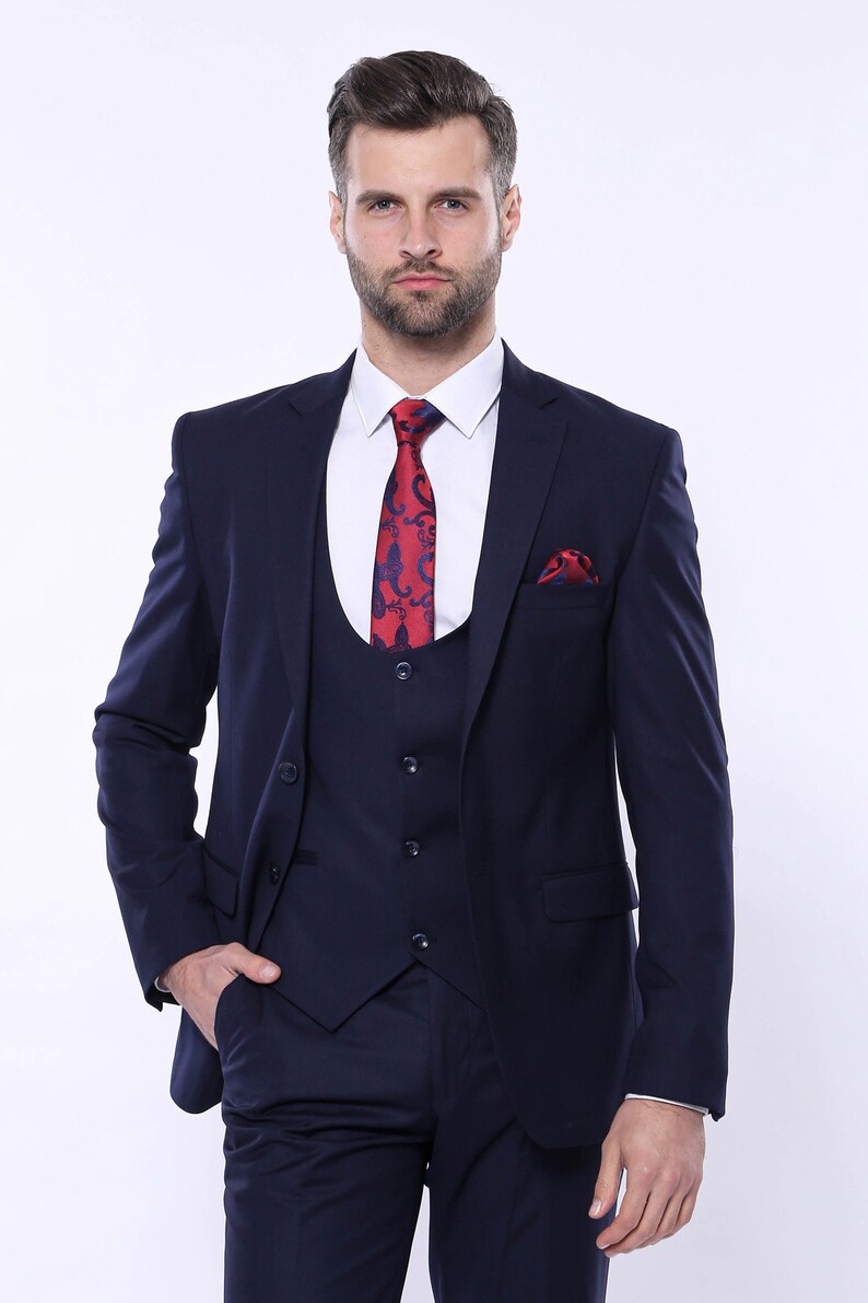 THREE PIECE SUIT, Navy Blue Suit, Three-piece Suit With Notch Collar A ...