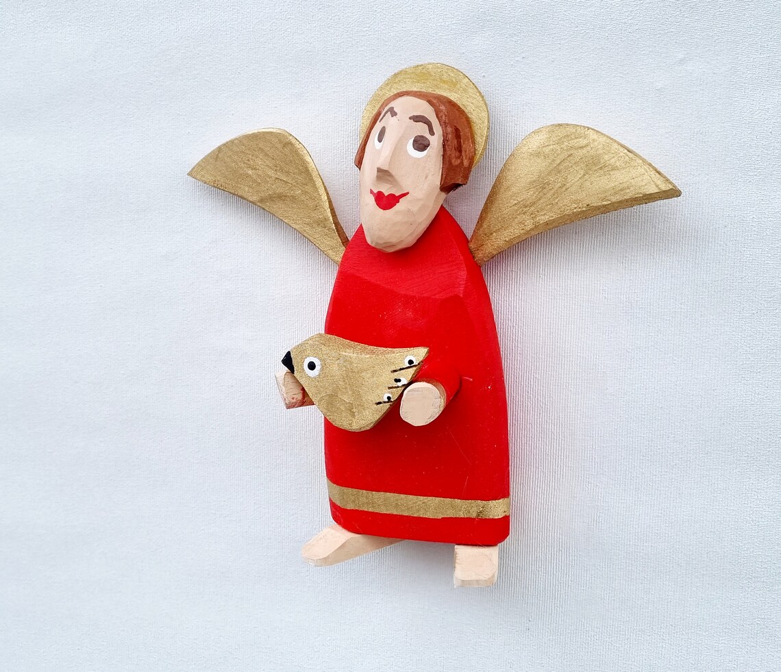 Angel With Bird Wooden Sculpture / Hanging or Standing Angel/ - Etsy