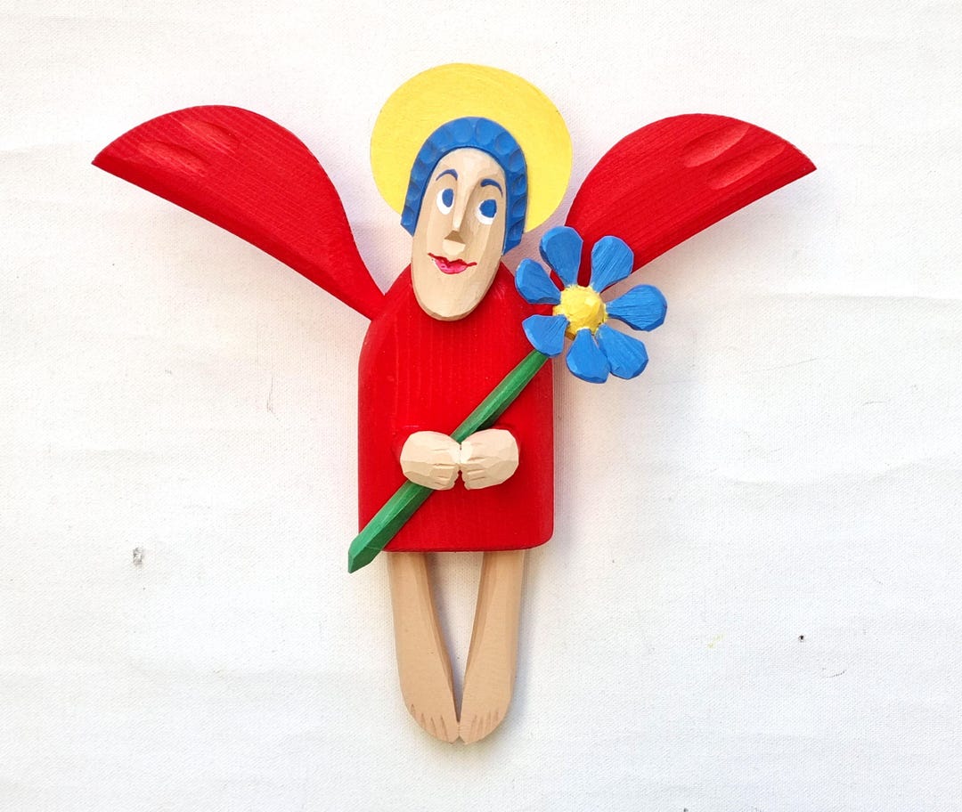 Angel Wall Sculpture / Hanging Angel / Angel With Flower Wooden ...