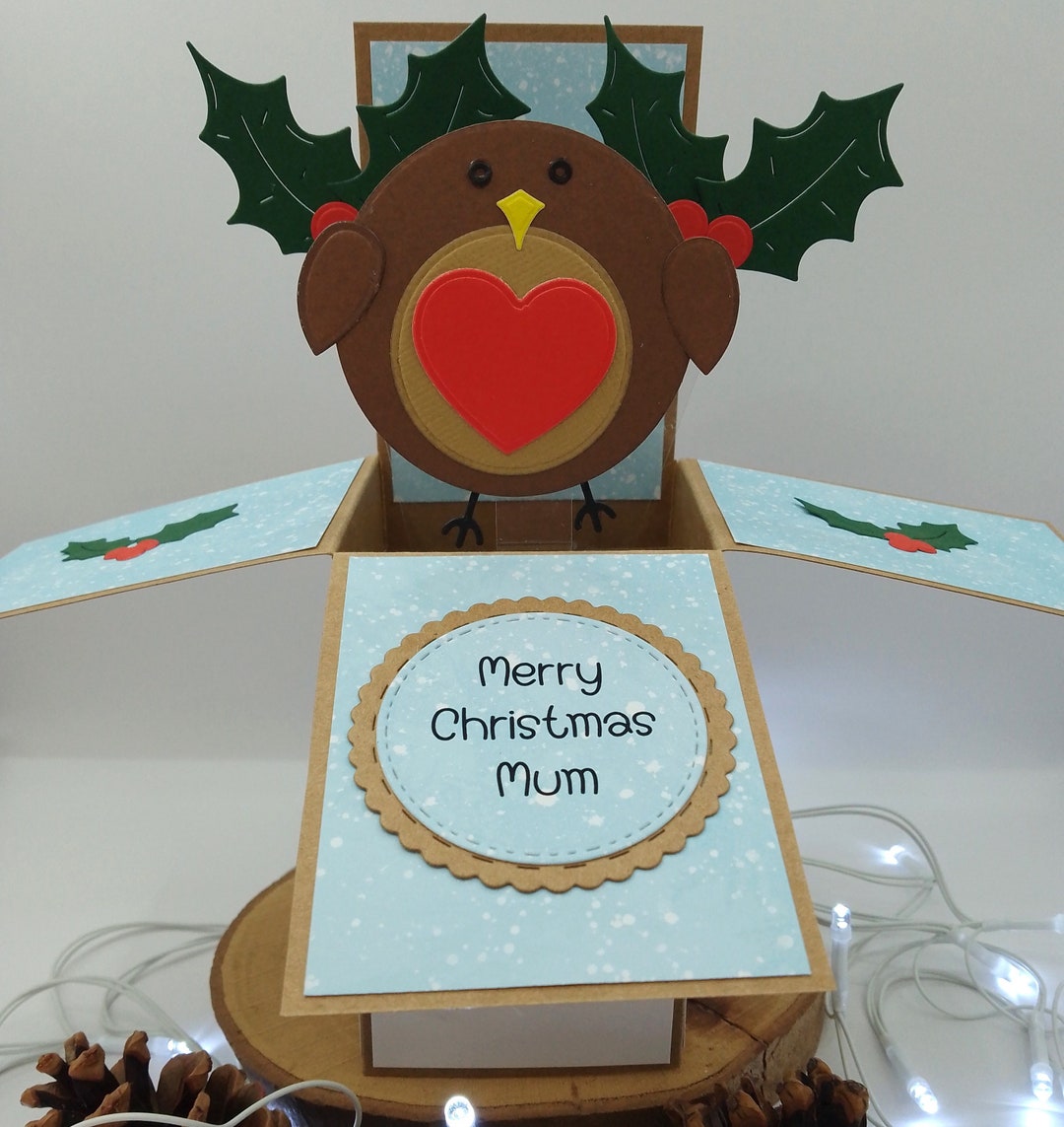 Christmas Robin and Holly Pop up Box Card. Handmade and Personalised to ...