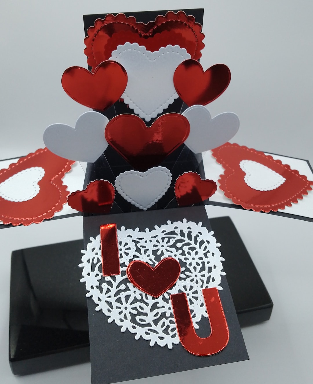 Valentine's Hearts Pop up Box Card. I Heart You. Handmade Die Cut Red ...