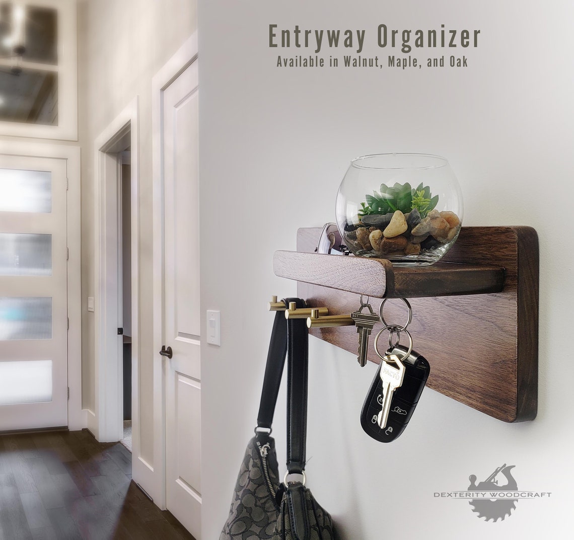 Entryway Mail Key Organizer, Walnut Key Hook, Walnut Entryway Organizer ...