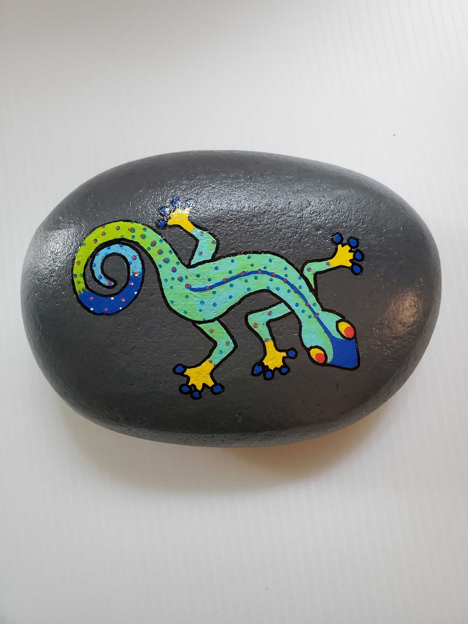 Colorful Gecko Hand-Painted Rock greens and blues | Etsy