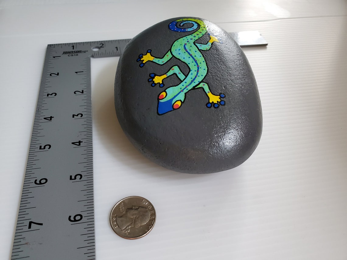 Colorful Gecko Hand-Painted Rock greens and blues | Etsy