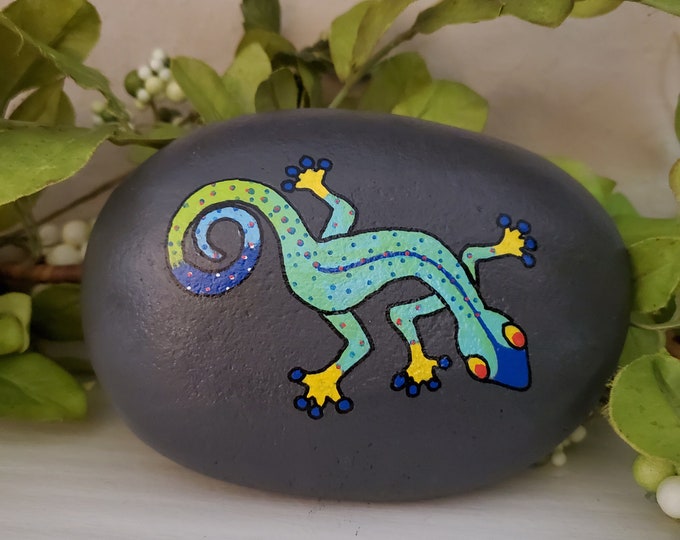 Colorful Gecko, Hand-painted Rock - Greens and Blues - Etsy