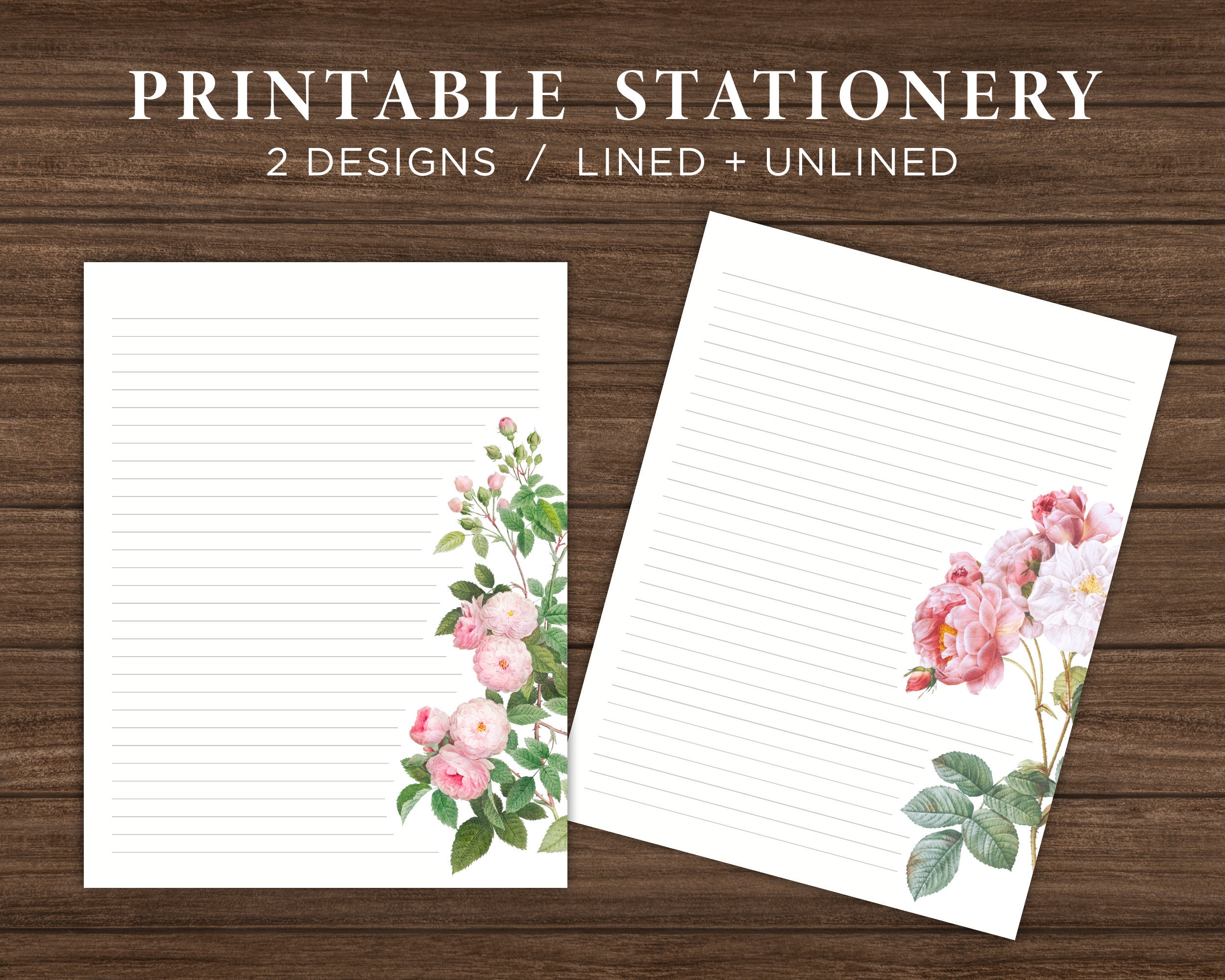 Pink Roses Printable Stationery Set / Floral Printable Stationary Paper ...