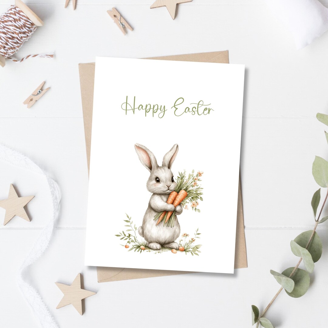 Printable Happy Easter Card, Adorable Bunny & Carrots Easter Gift Card ...