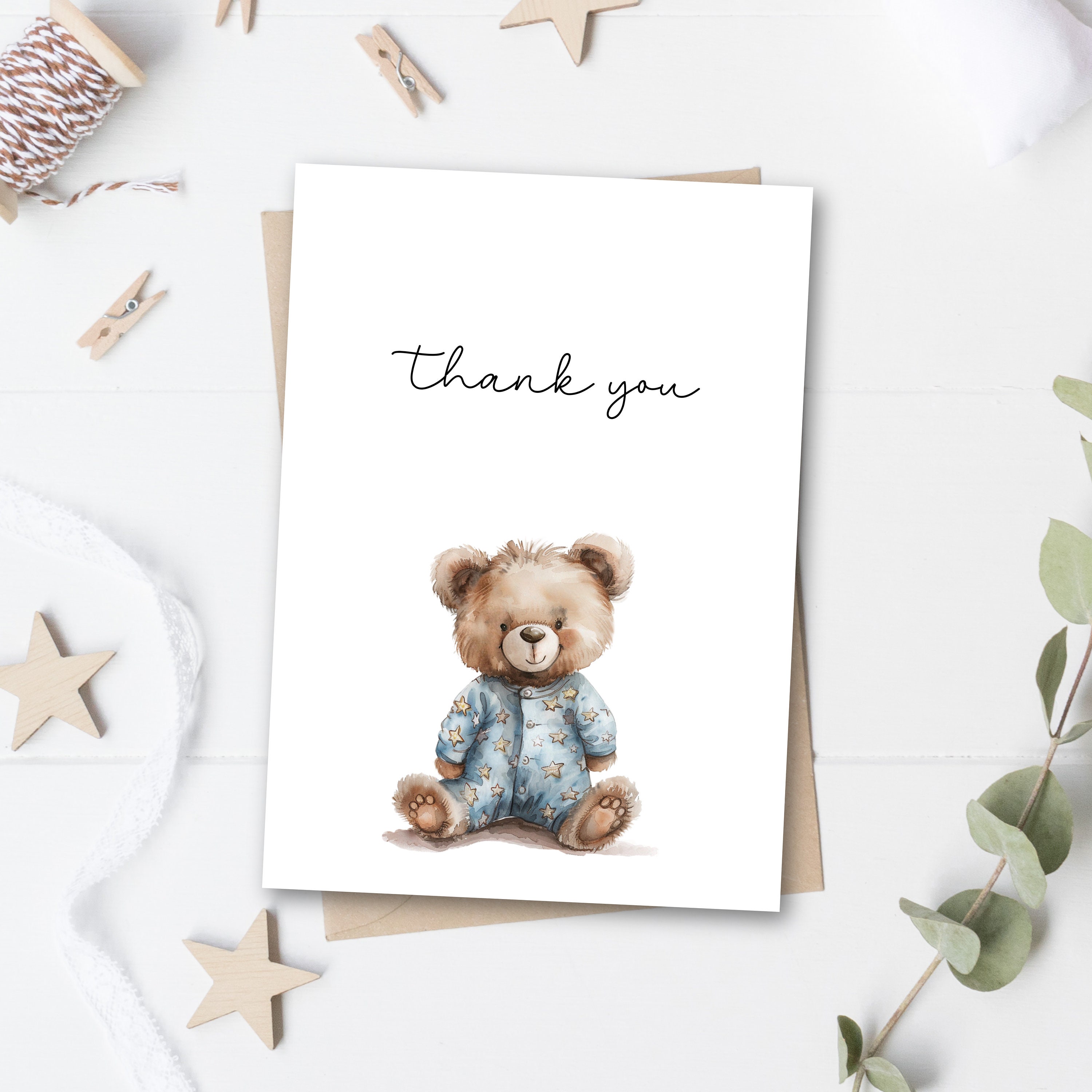 Bear Thank You Card, Stuffed Bear With Pajamas Thank You Card, Baby ...