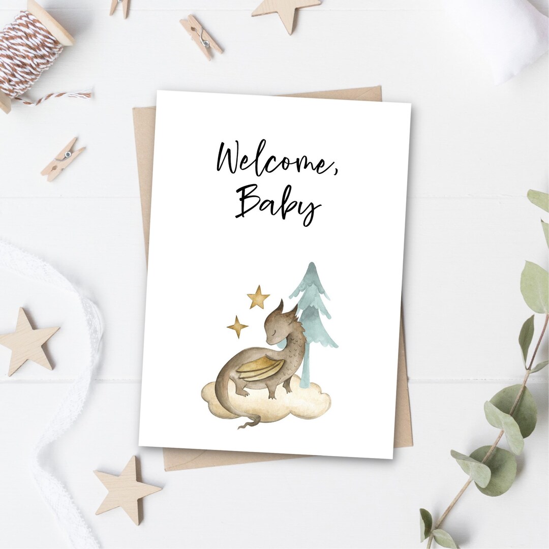 Boho Dragon Baby Shower Card, Gender Neutral Baby Shower Card, Newborn ...