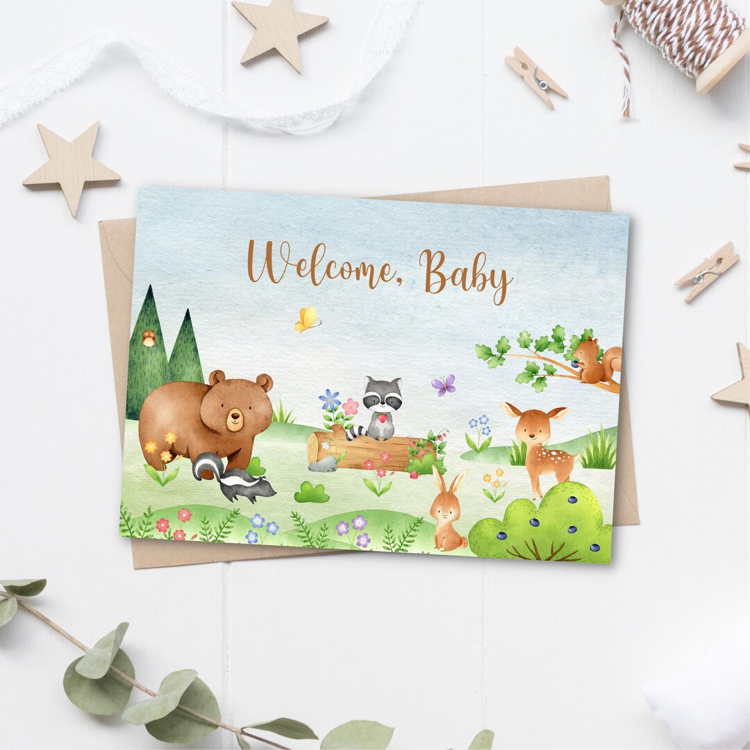 Woodland Baby Shower Card, Gender Neutral Baby Shower Card, Newborn ...