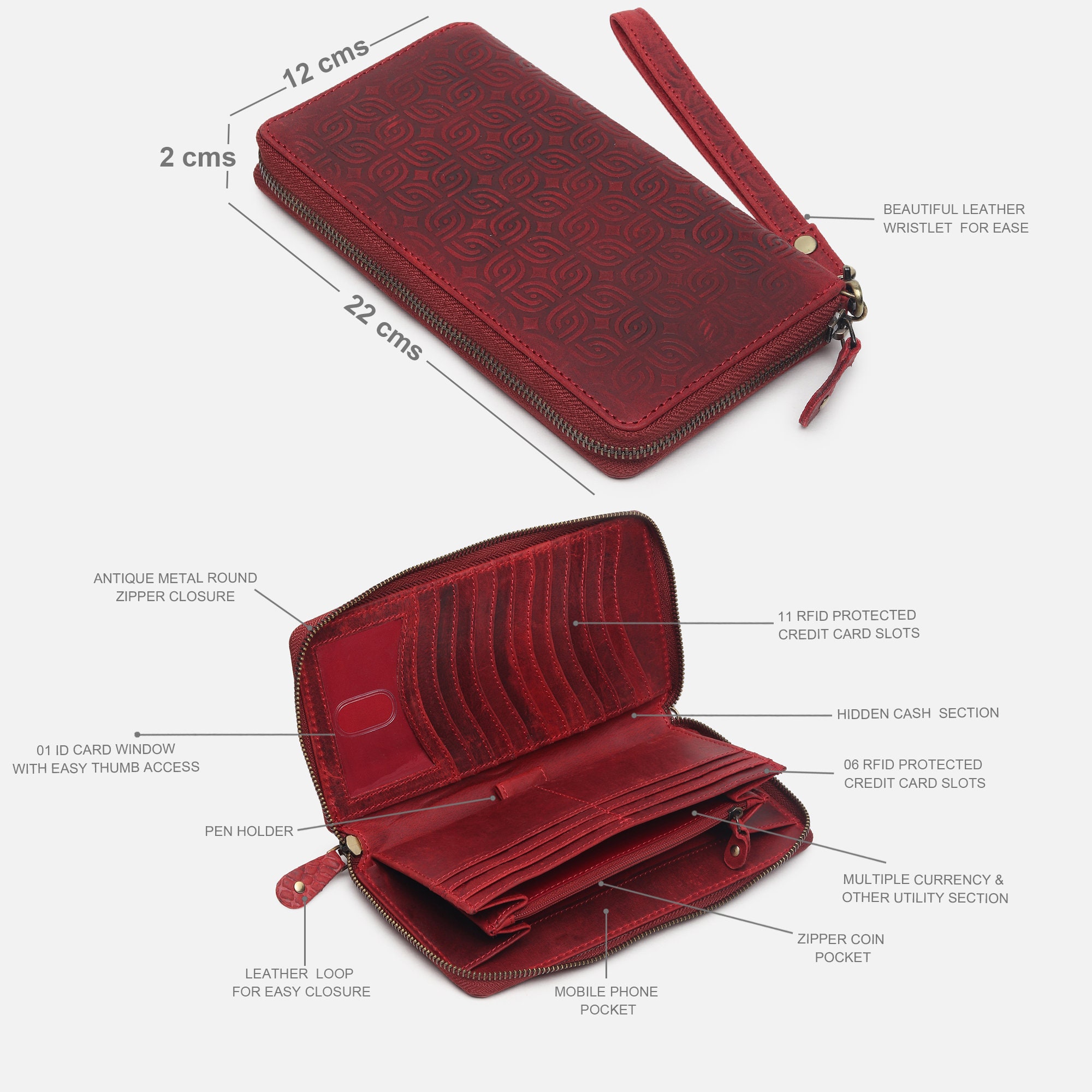 Womens Zip Around Wallet Brown Embossed Leather wallet Women | Etsy