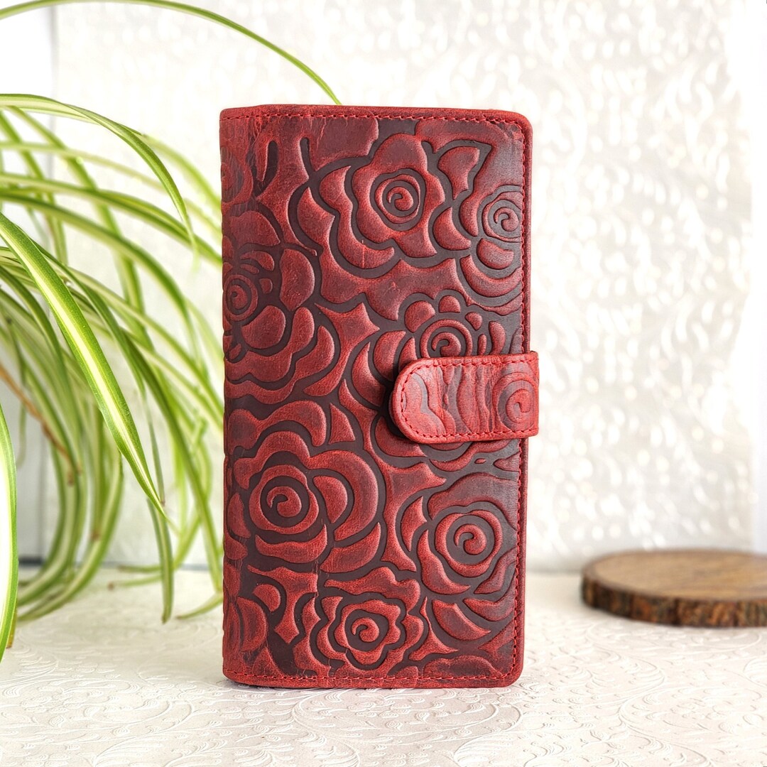 Red Leather Wallet With Zipper - Embossed Leather Wallet- Genuine ...
