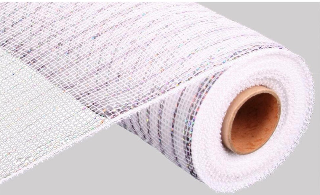 10” White Deco Poly Mesh With Thin Silver Foil Strip, Metallic Mesh ...