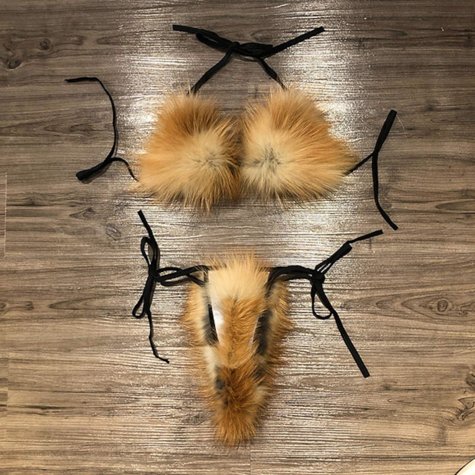 GOLD Real Fox Fur Bikini One Size Bikini Set | Etsy