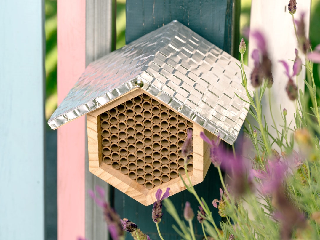 Rivajam Mason Bee House: Geometric Metal Roof, Nesting Tubes - Etsy