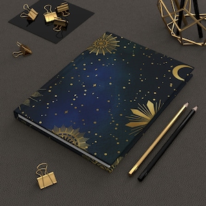Fantasy Space Theme Blue Gold Moon Stars Print Hardcover Journal Matte - Gift Journal Writing ...