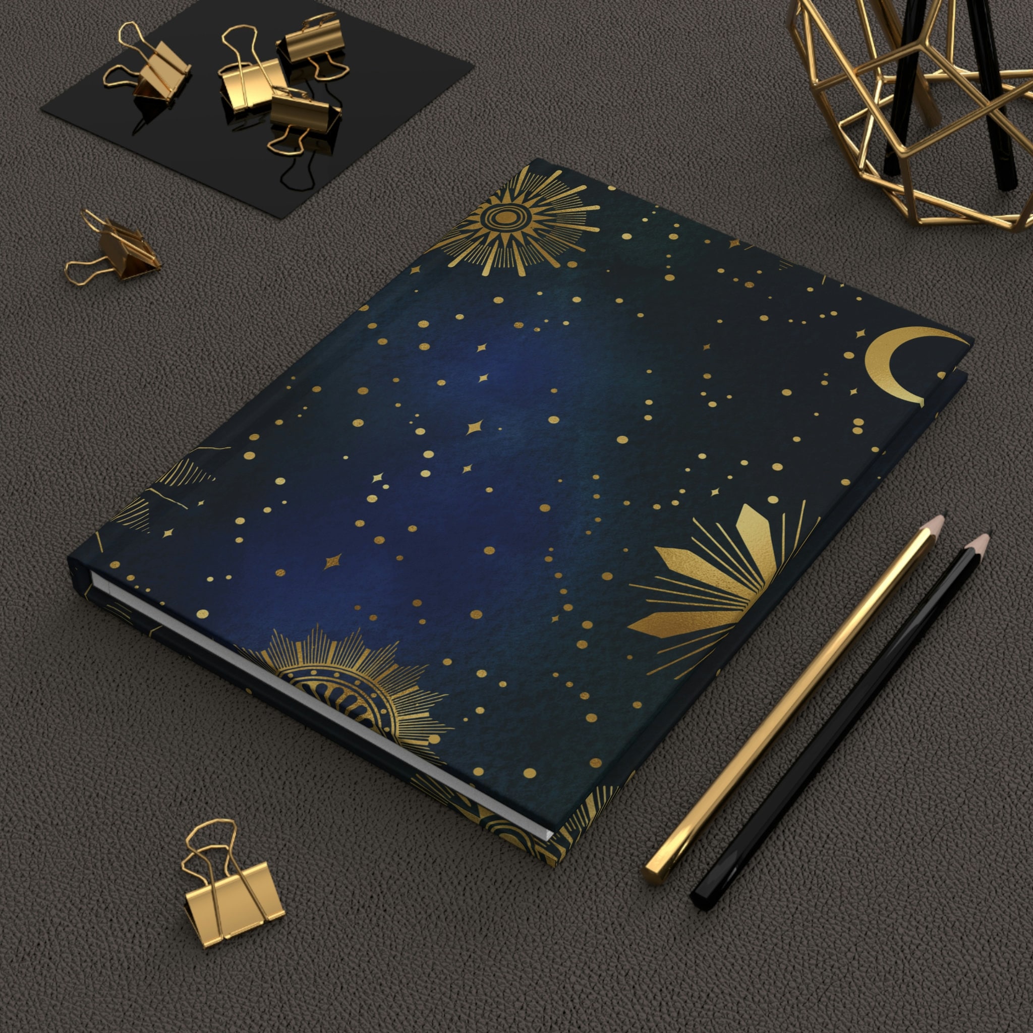 Fantasy Space Theme Blue Gold Moon Stars Print Hardcover Journal Matte ...