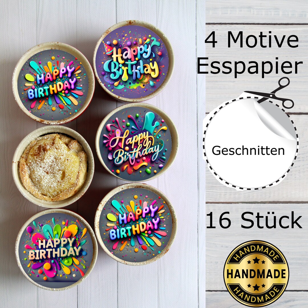 Edible Muffin Toppers Happy Birthday Colorful 4 Motifs 16 - Etsy