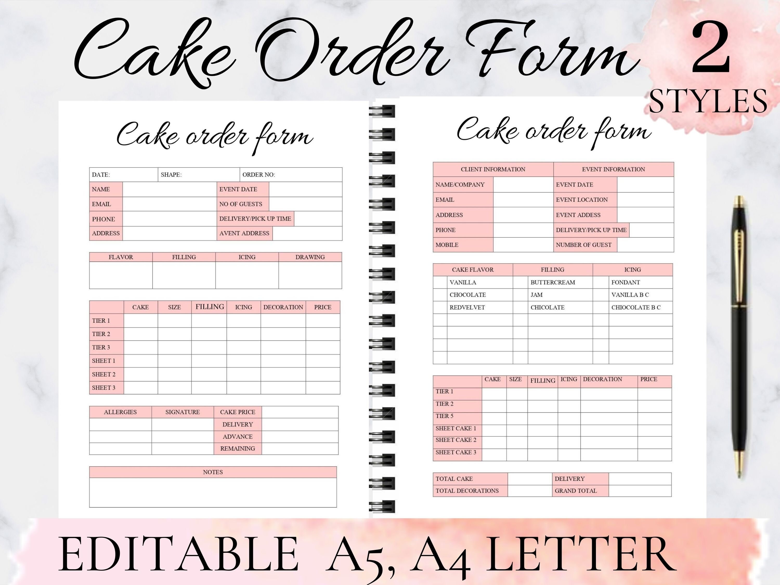 Cake Order Form Printable Cake Order Form Bakery Order Form Etsy UK