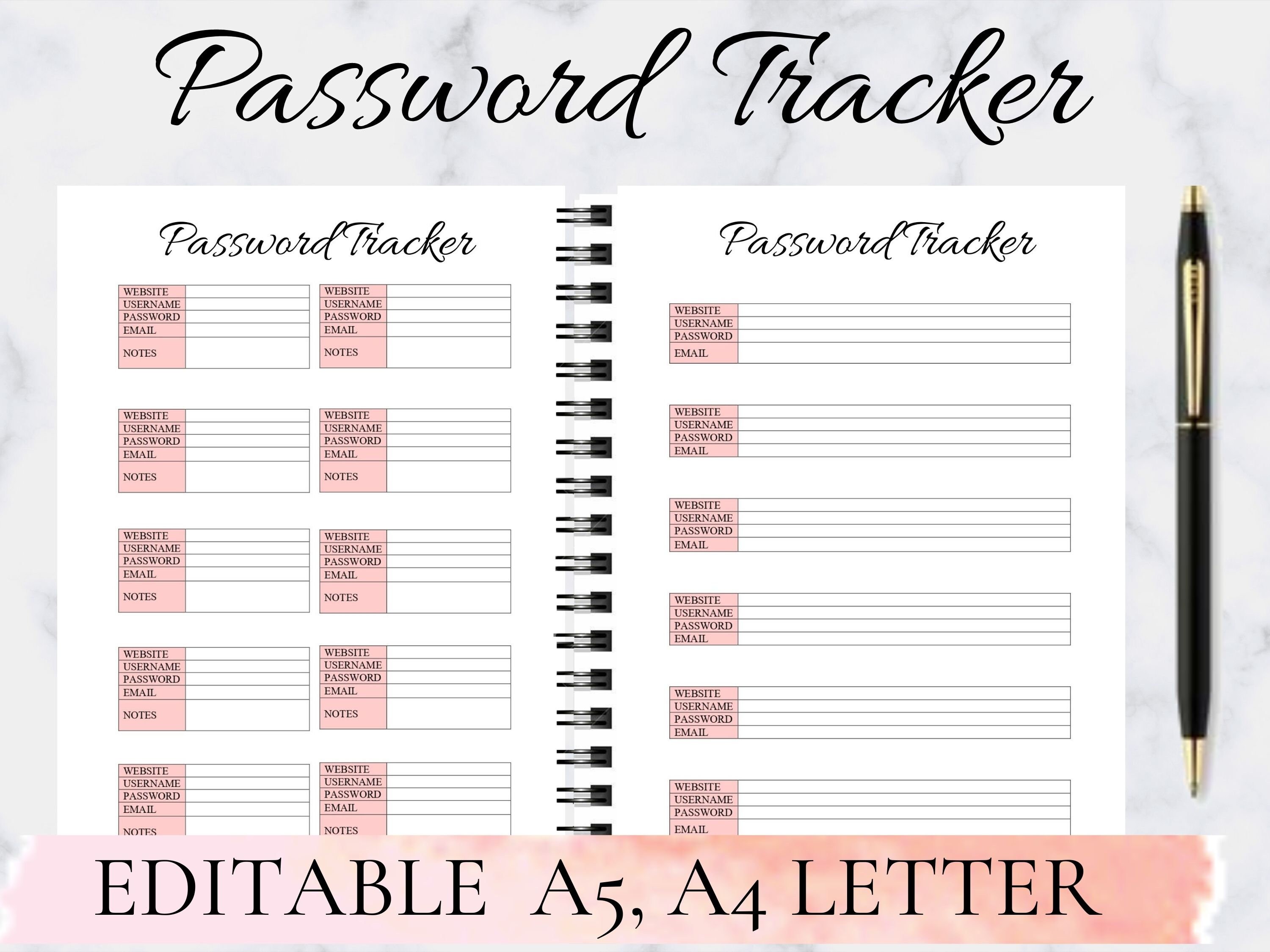 Calendars & Planners Password Keeper Editable Fillable Password Tracker ...