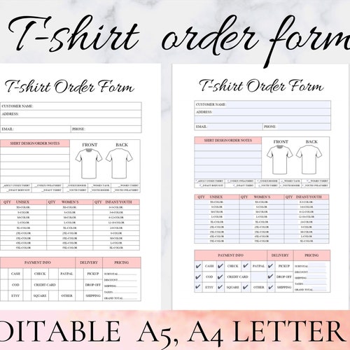 Tshirt Order Form for Small Business Editable Template PDF - Etsy