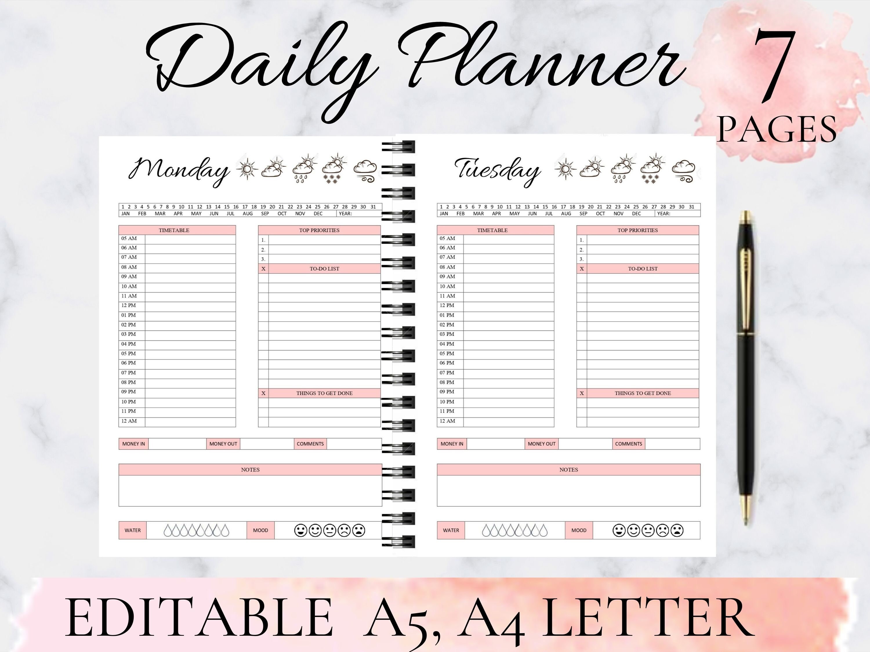 Printable 7 Day Planner Daily Planner Day Planner Work Planner - Etsy