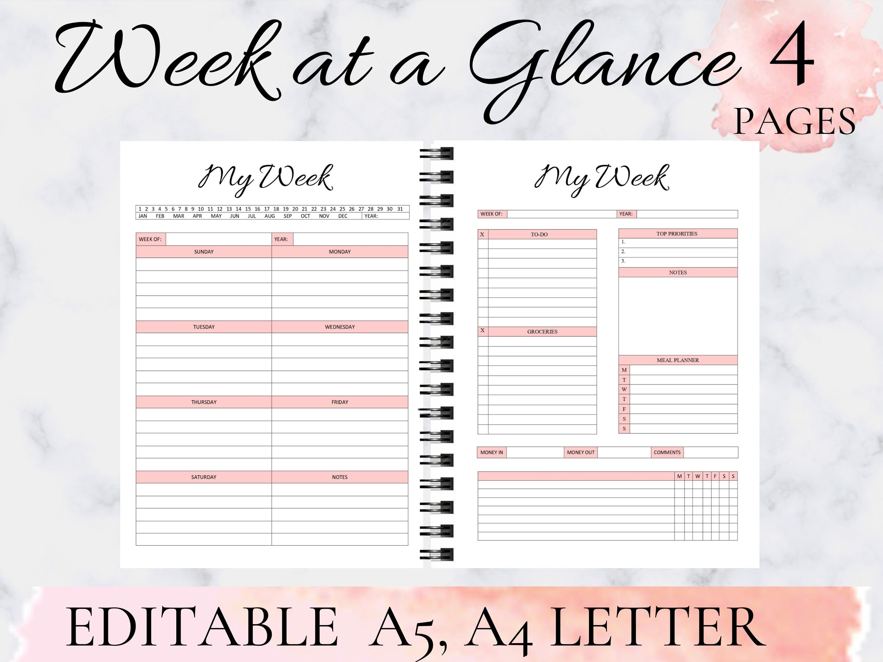 Week at a Glance Printable Weekly Planner Printable Week at a Glance ...