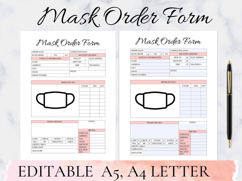 Facemask Order Form, Mask Order Form, Craft Business Order Form, Etsy ...