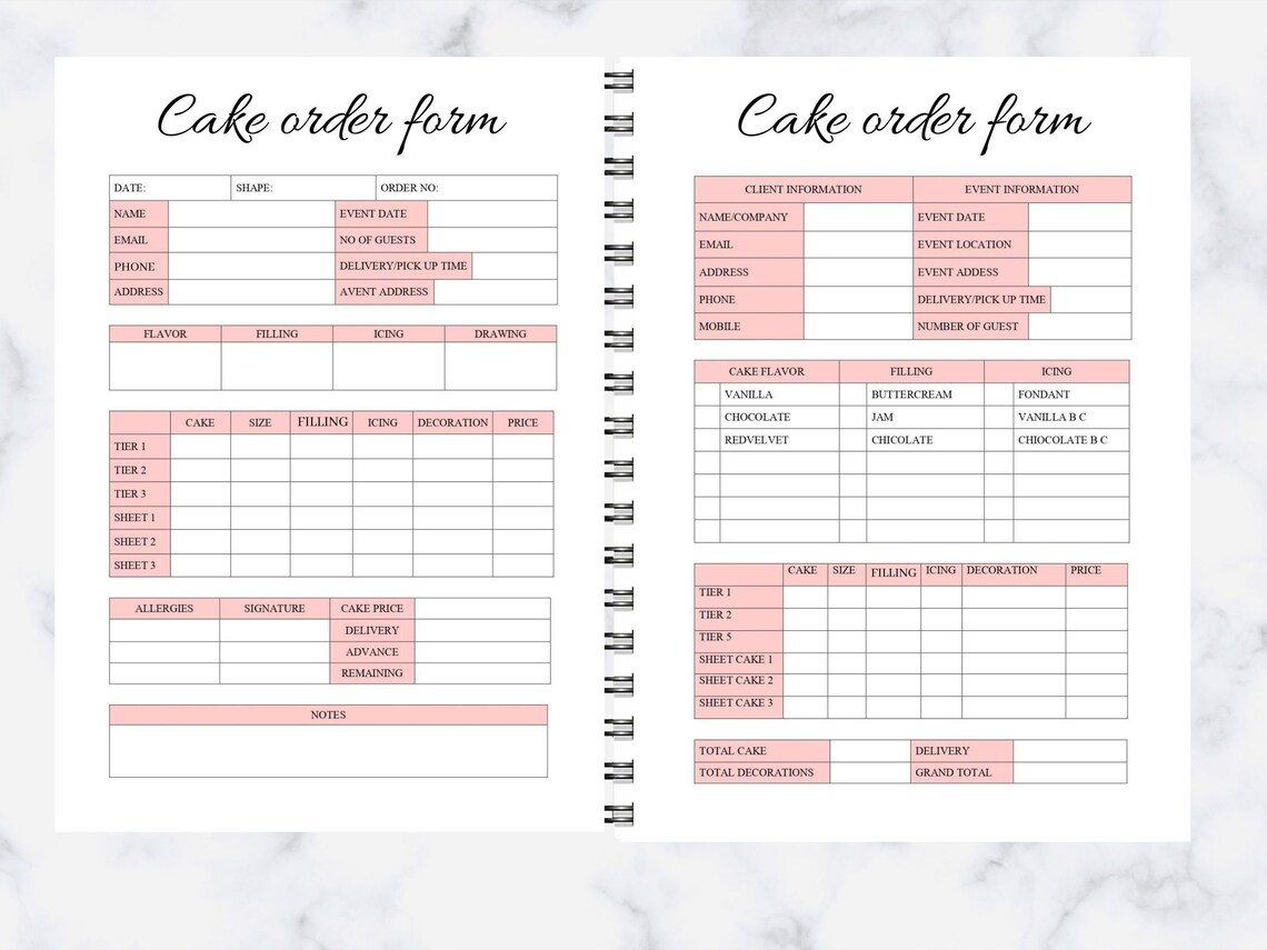 Cake Order Form, Printable Cake Order Form, Bakery Order Form, Baking ...