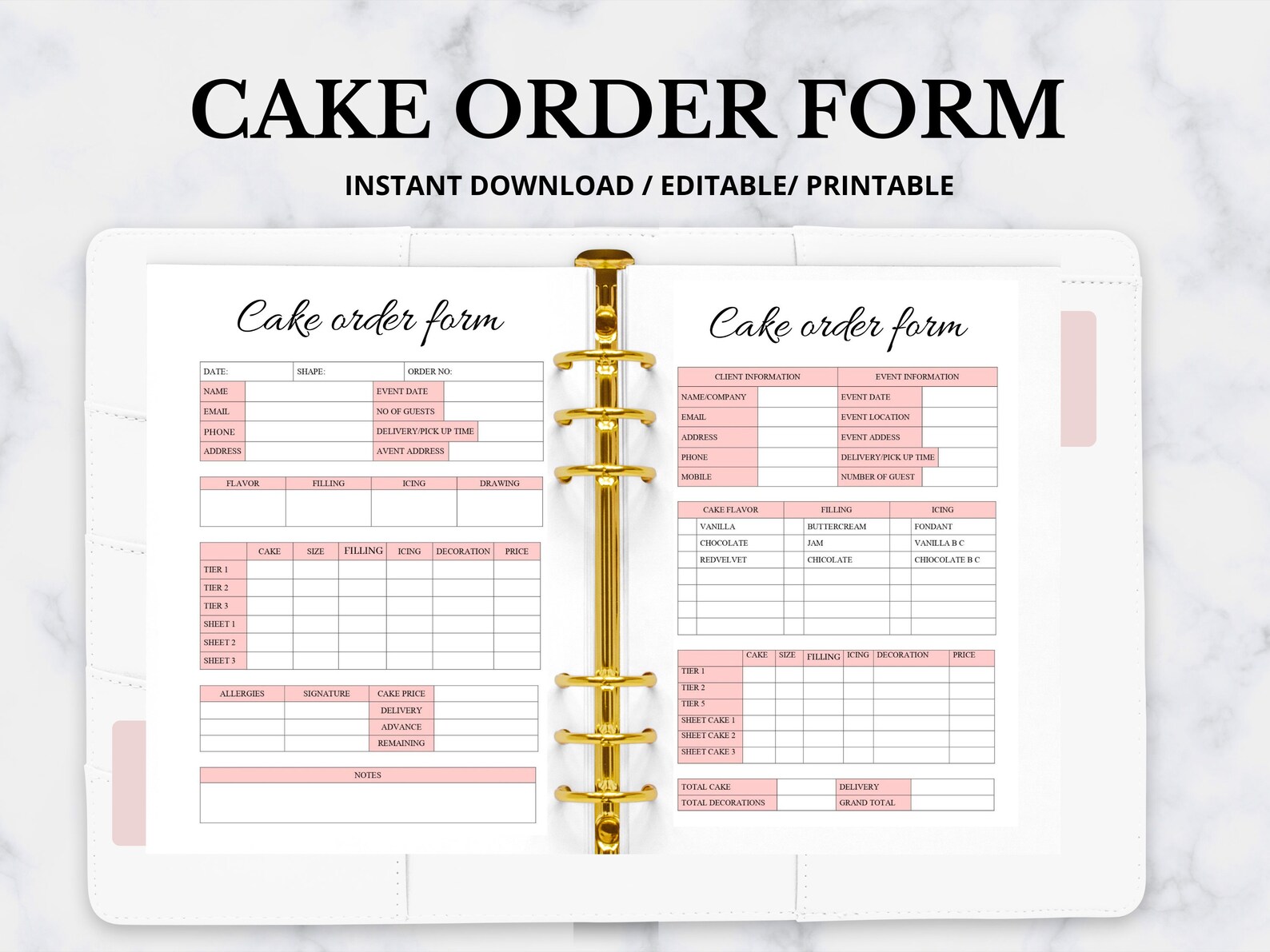 Cake Order Form Printable Cake Order Form, Bakery Order Form, Baking ...