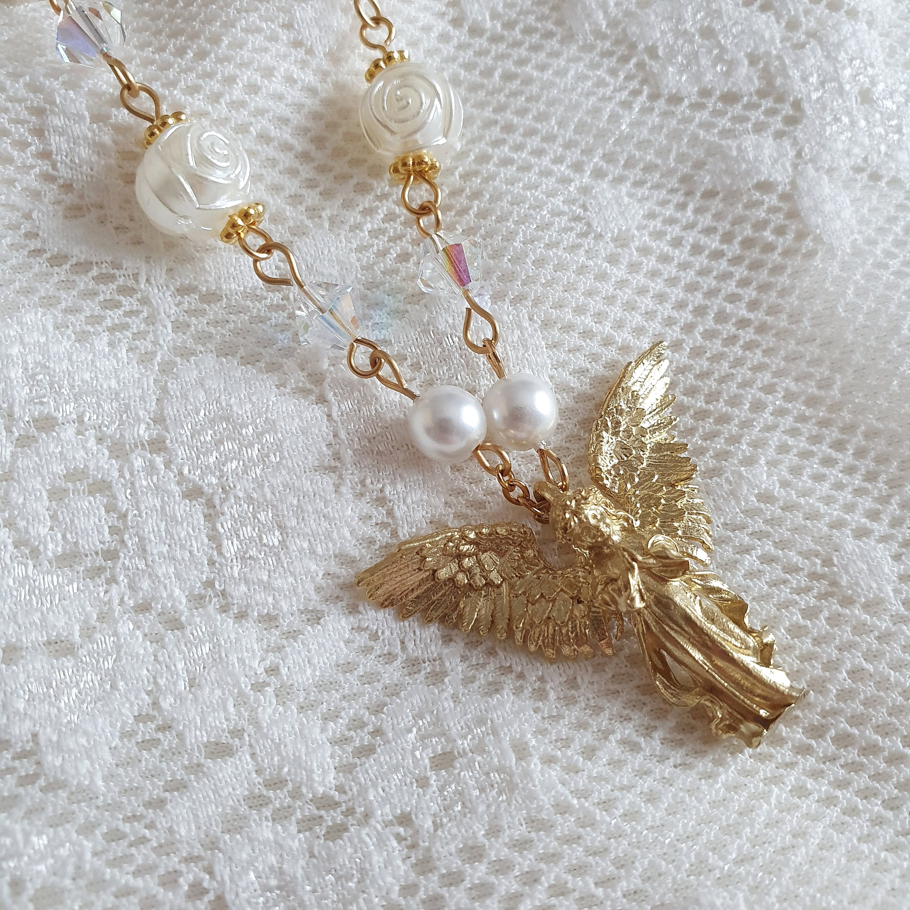 Golden Holy Angel Pearl Beaded Necklace - Etsy UK